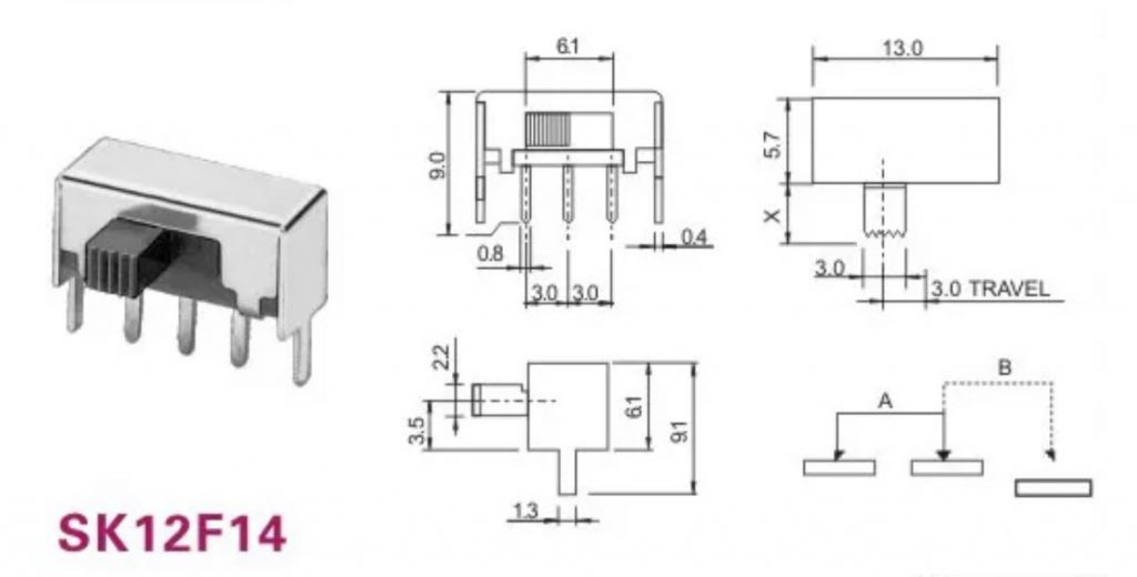 SK-12F14 PCB Mounted Miniature Horizontal Slide Switch